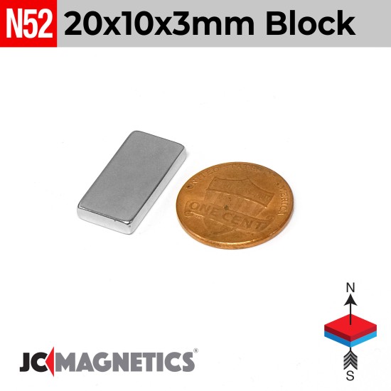 Neodymium Magnet Block 20x10x3mm N52 - 9.4lb Rare Earth Rectangle Magnet