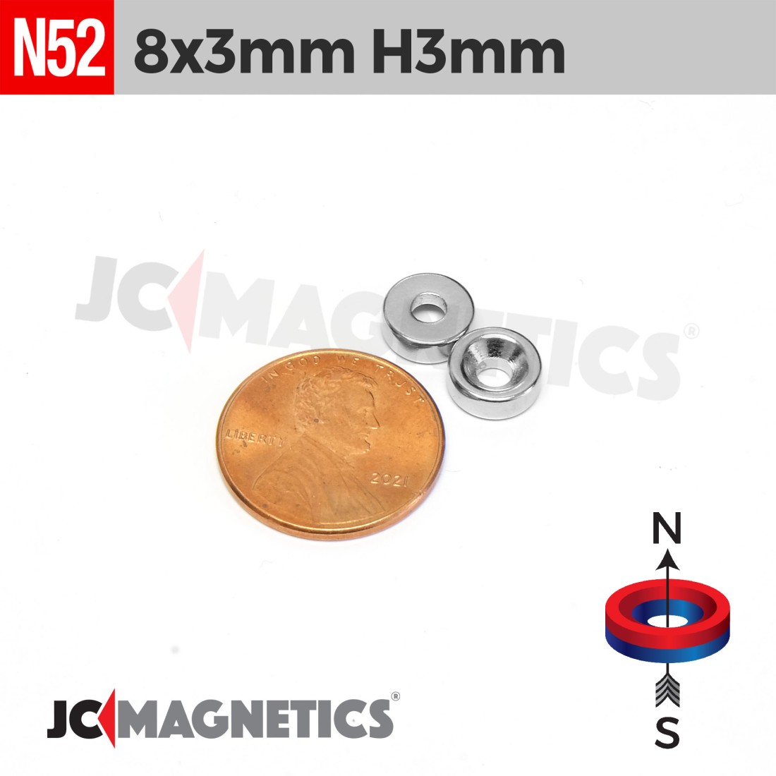 8mm x 3mm Hole 3mm N52 Countersunk Ring Rare Earth Neodymium Magnet (1 ...