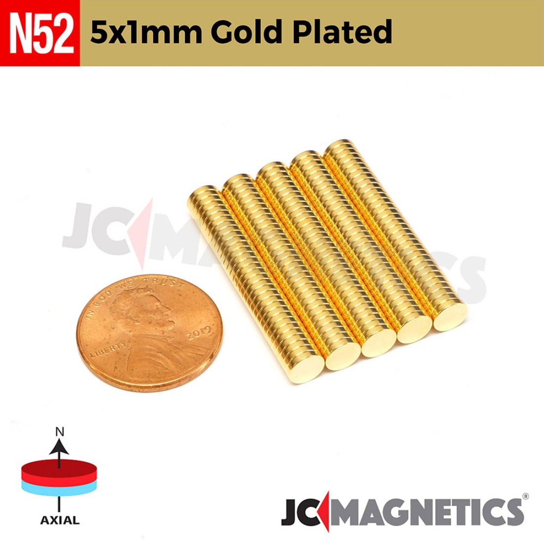 5mm X 1mm N52 Gold Plated neodymium thin magnets round discs 3/16in x 1 ...