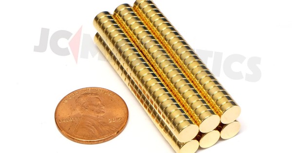 6mm X 2mm N52 Gold Plated neodymium magnets round discs 1/4in x 5/64in